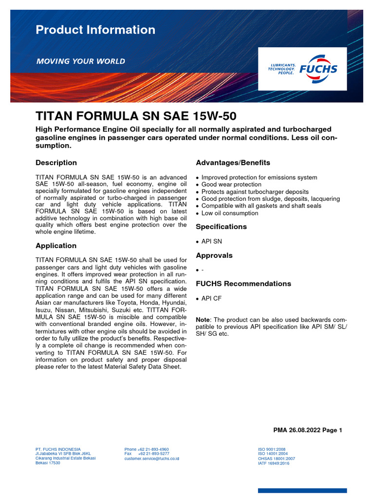 PI_TITAN FORMULA SN SAE 15W-50_08.22 | Download Free PDF | Motor Oil ...