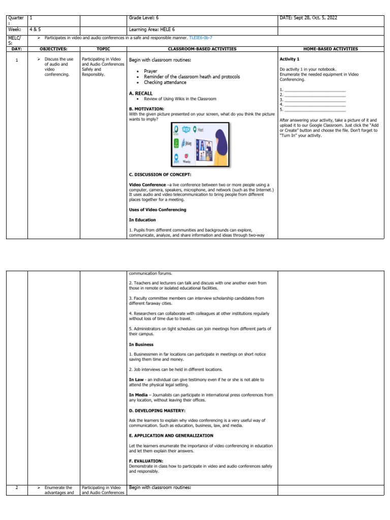 HELE 6 LESSON PLAN - Participating in Video and Audio Conferences ...