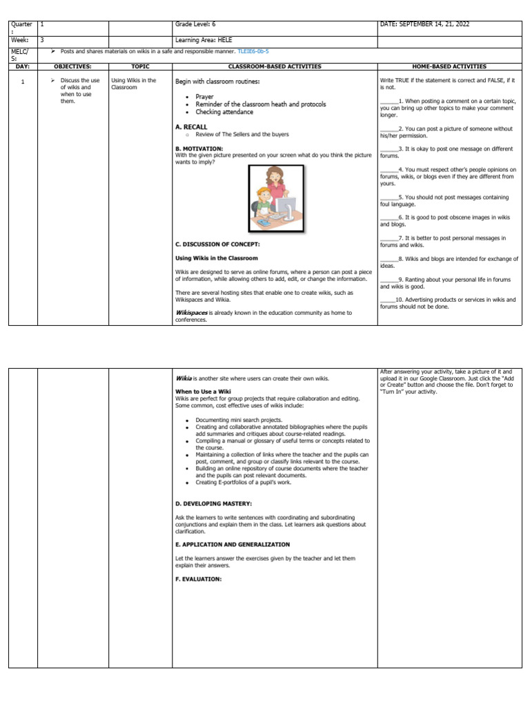 HELE 6 LESSON PLAN - Using Wikis in the Classroom | Download Free PDF | Wiki | Internet Forum