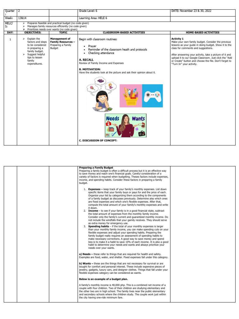 HELE 6 LESSON PLAN - Management of Family Resources - Preparing A ...