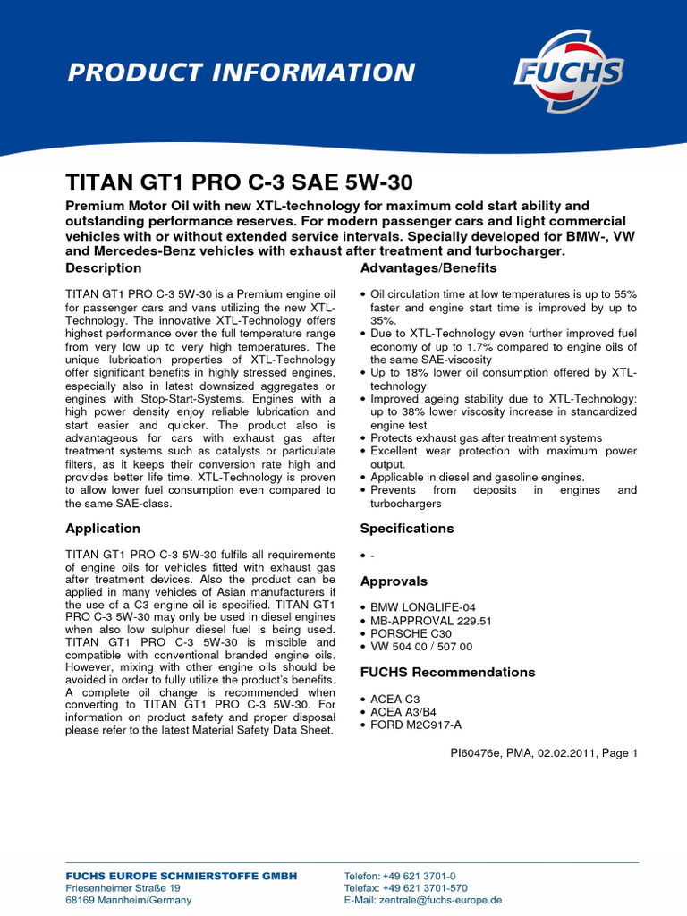 PI - TITAN GT1 PRO C 3 5W 30 - e | PDF | Motor Oil | Vehicles