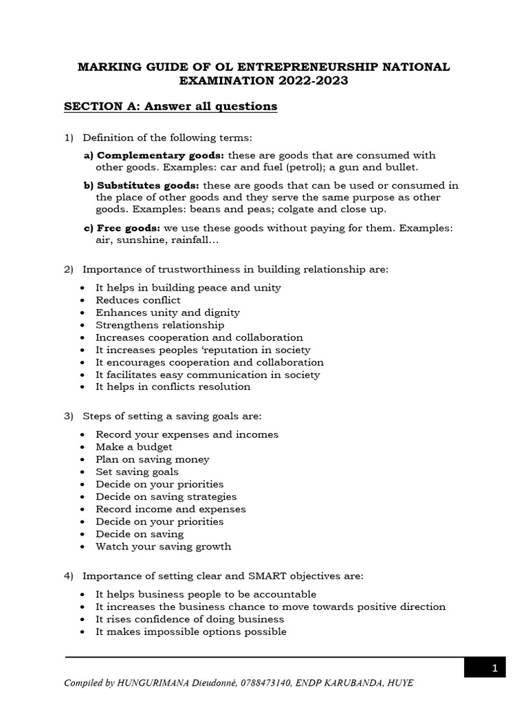 Ol Entrepreneurship National Examinations 2022-2023 Marking Guide | PDF | Financial Risk | Goods
