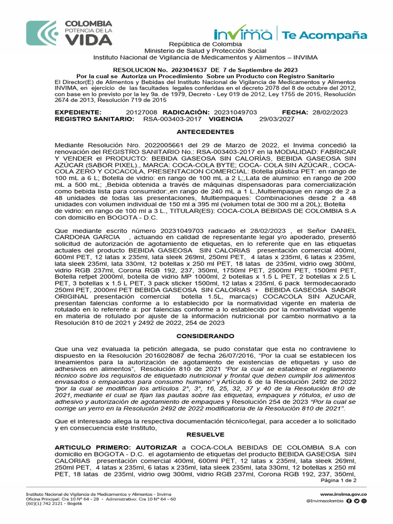 Autorización de Etiquetas Sani Cola | PDF | Coca Cola | Refresco