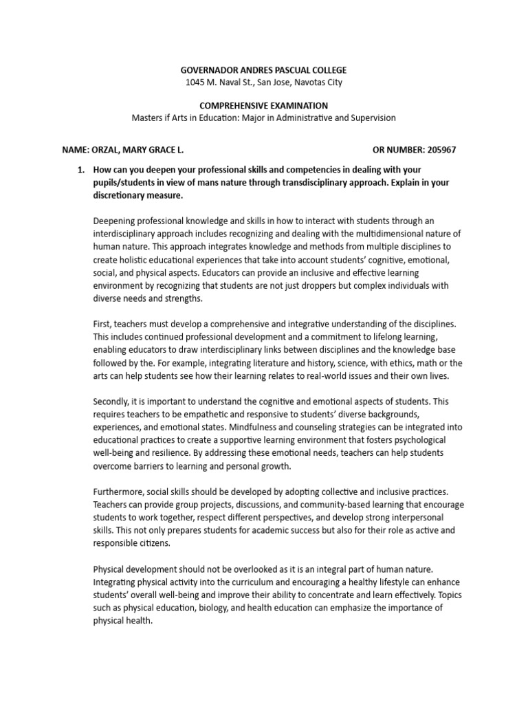 Compre Exam - Mary Grace Orzal - 205967 | PDF | Curriculum | Teachers