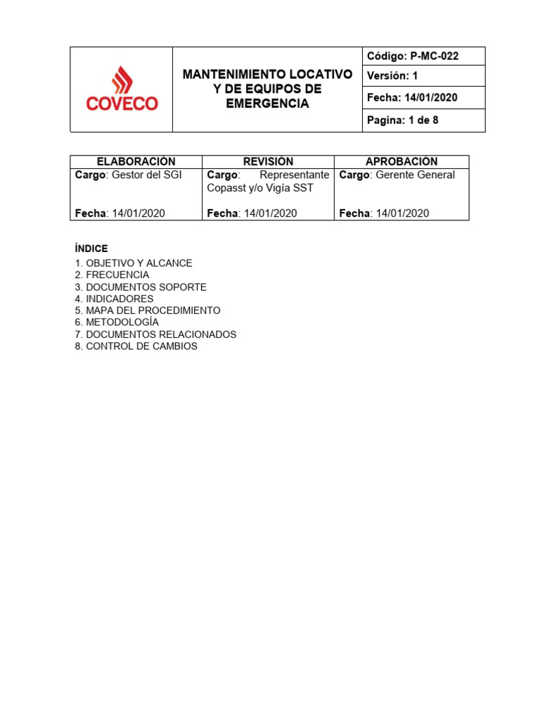 P-MC-022. Mantenimiento Locativo y Equipos de Emergencia (V1) | PDF ...