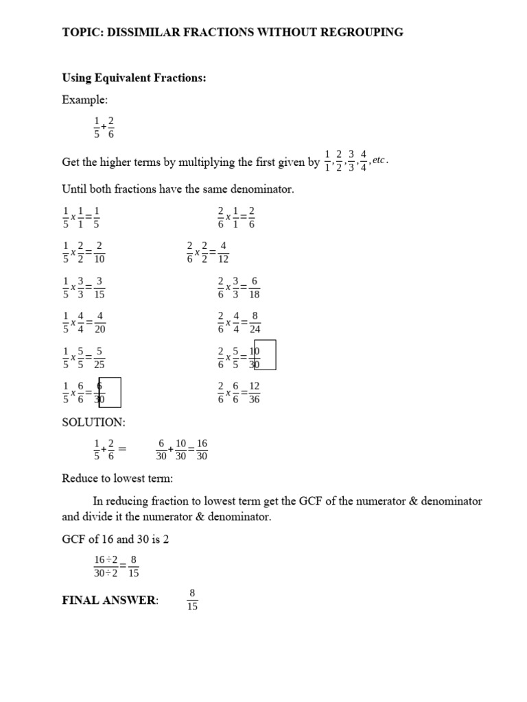Dissimilar Fractions Without Regrouping | PDF | Lexicology ...