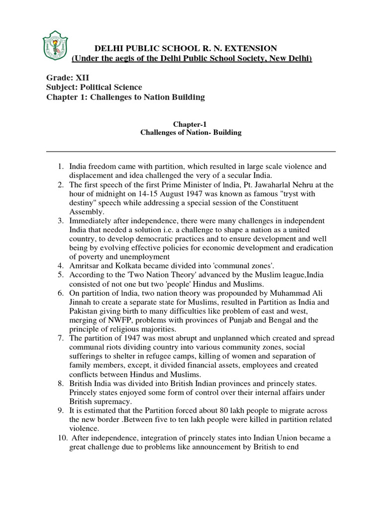 Grade Xii CH 1 Challenges of Building Nation | PDF | Partition Of India ...