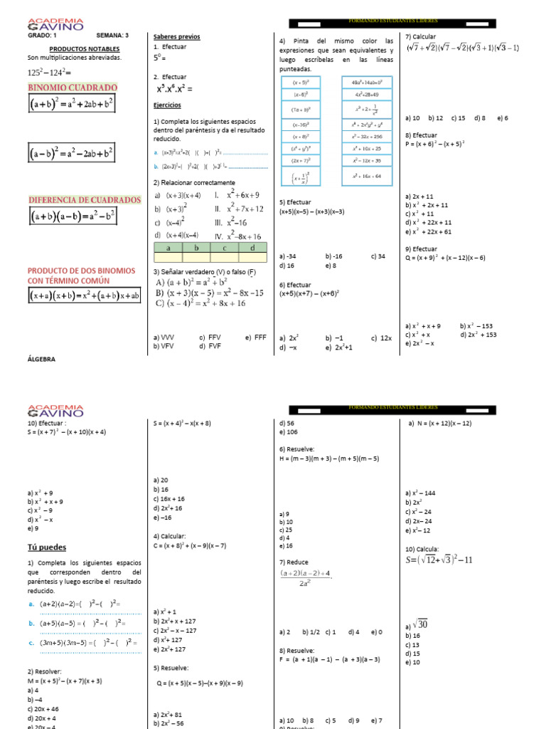 Alg1-T3-Productos Notables | PDF | Matemáticas