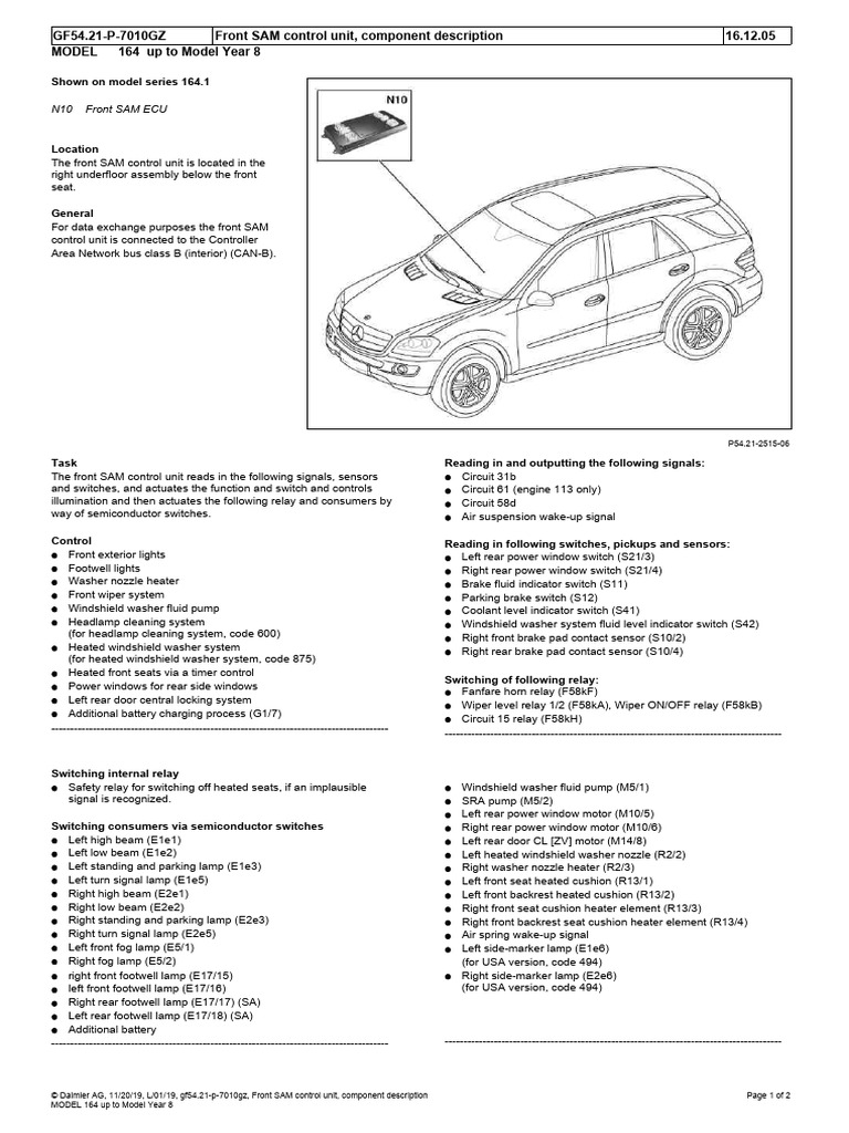 Front SAM Control Unit, Component Description | PDF | Switch | Relay