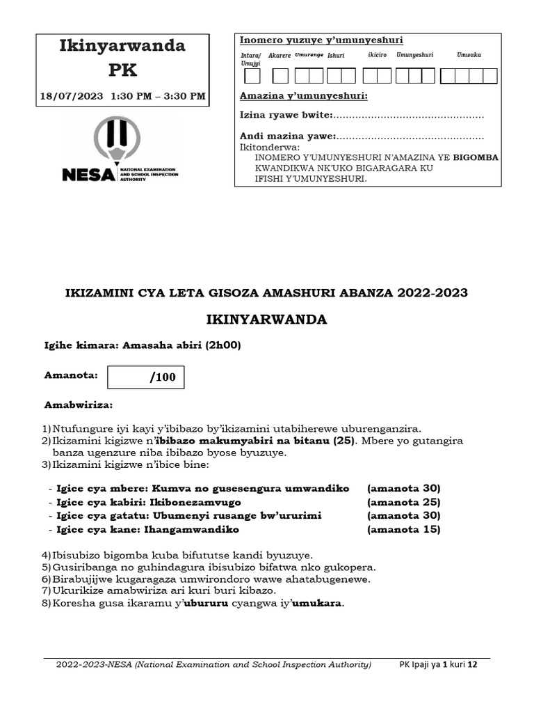 2023 Ikinyarwanda Past Paper | PDF