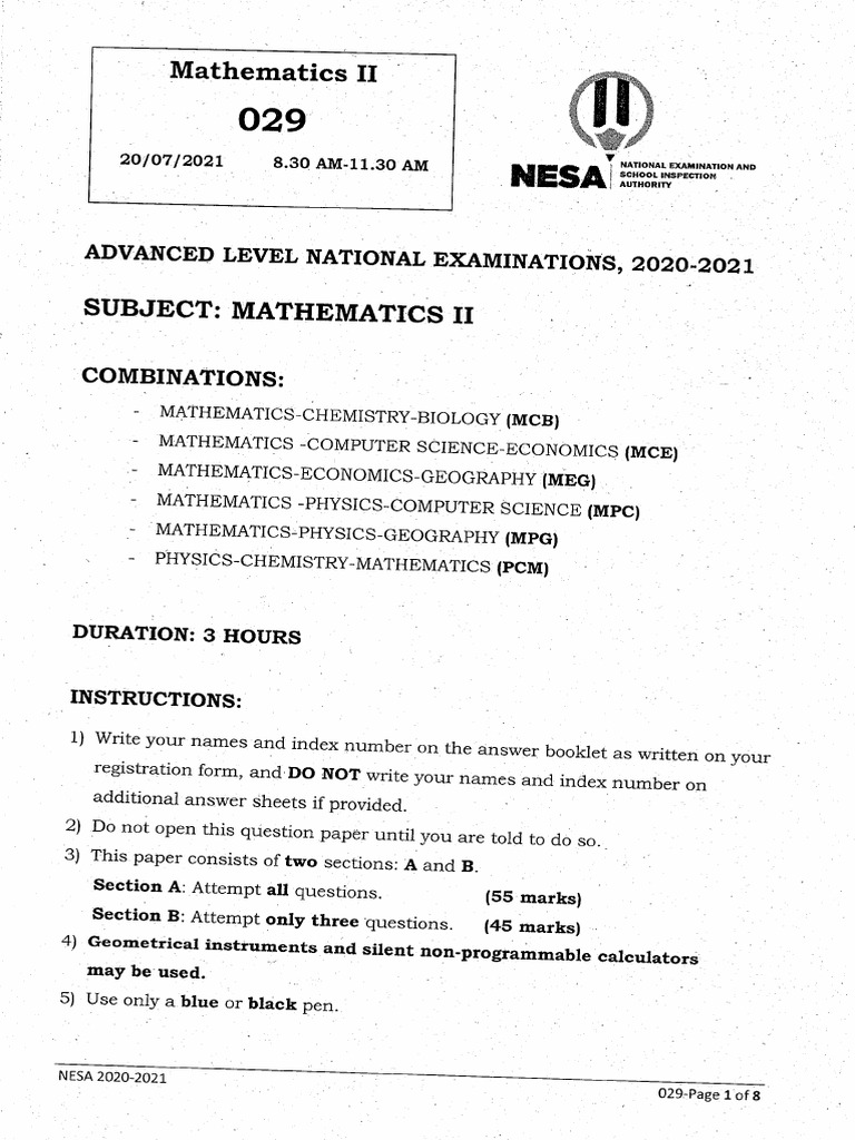 2021 Mathematics II Past Paper | PDF