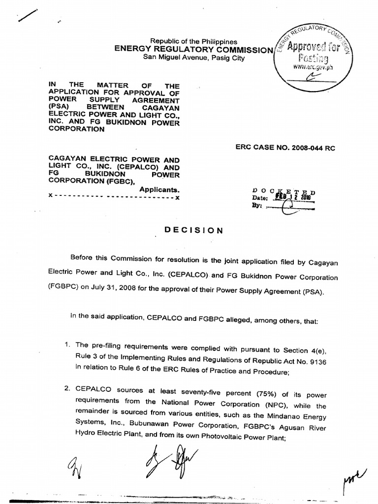 Decision ERC CaseNo.2008-044RC CEPALCO FGBC | PDF