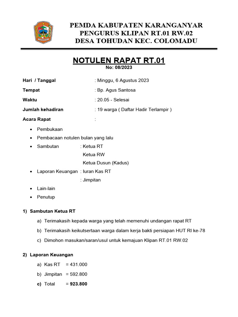 Notulen Rapat RT Agustus 2023 | PDF