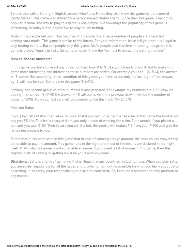 What Is The Formula of A Satta Calculation - Quora | PDF | Gaming ...