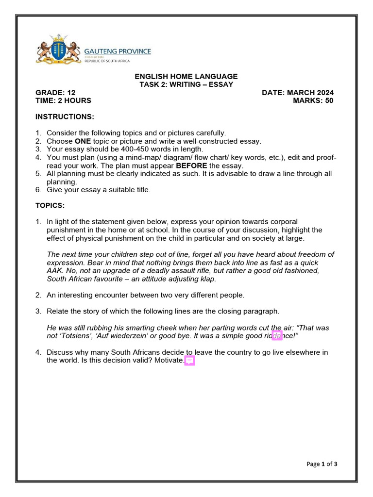 Grade 12 Essay Writing Task Guide | PDF