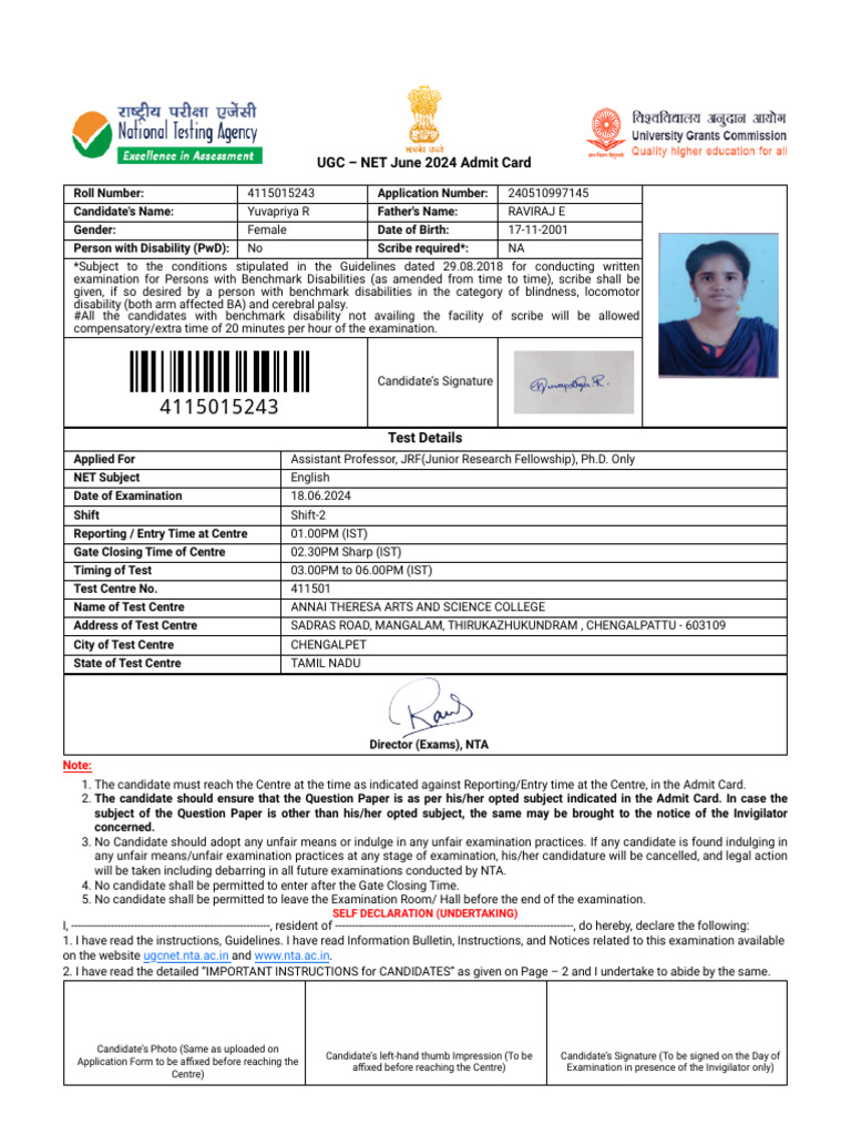 UGC - NET June 2024 Admit Card: Ugcnet - Nta.ac - in WWW - Nta.ac - in ...