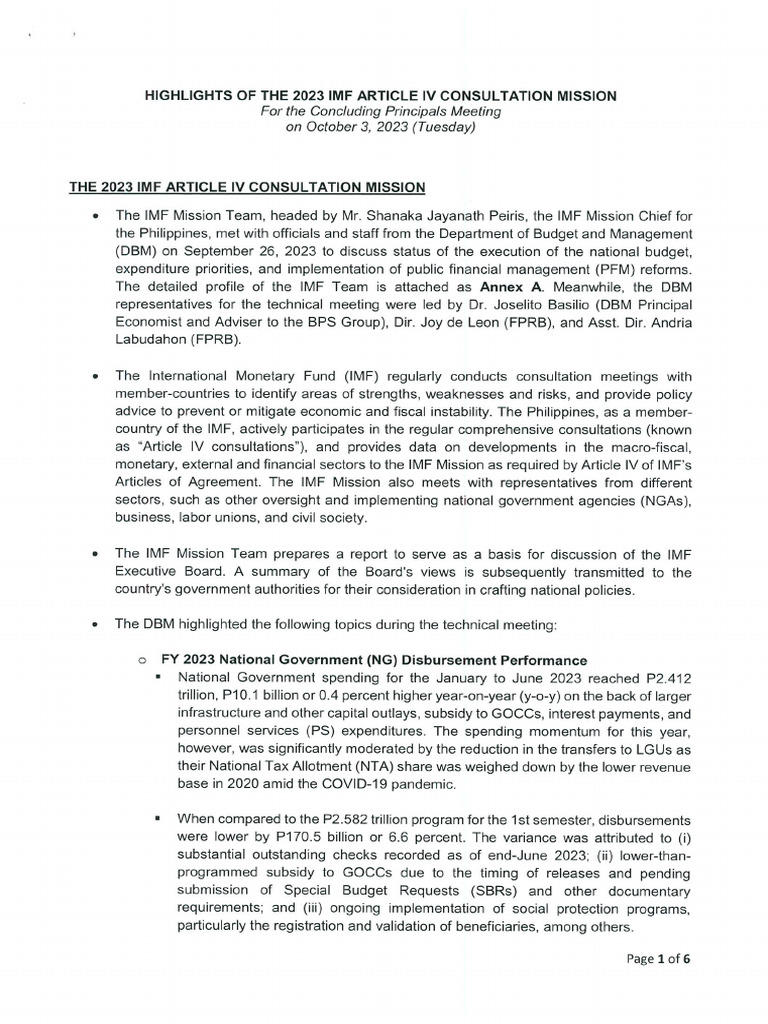 Highlights of The 2023 IMF Article IV Consultation Mission | PDF