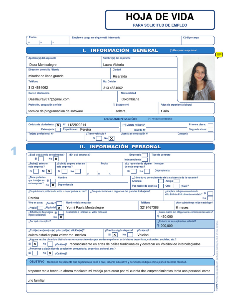 Hoja de Vida Minerva Laura | PDF | Documento de identidad | Economias