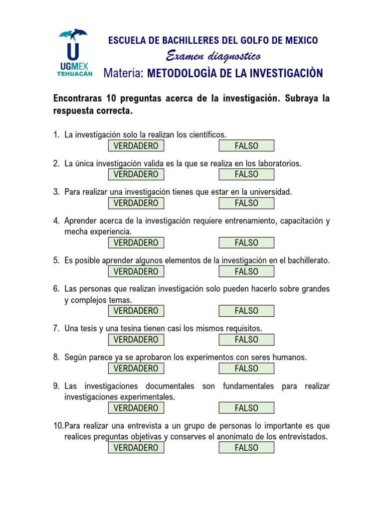 Examen DIAGNOSTICO - Metodologìa de La INV. | PDF