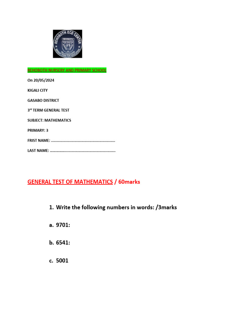 P3 General Test of Mathematics | PDF | Teaching Methods & Materials