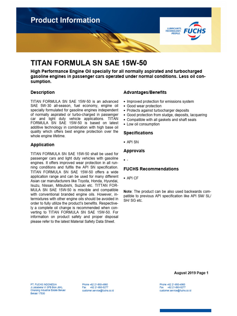 Titan Formula SN 15W-50 - 08.19 | PDF | Motor Oil | Vehicles
