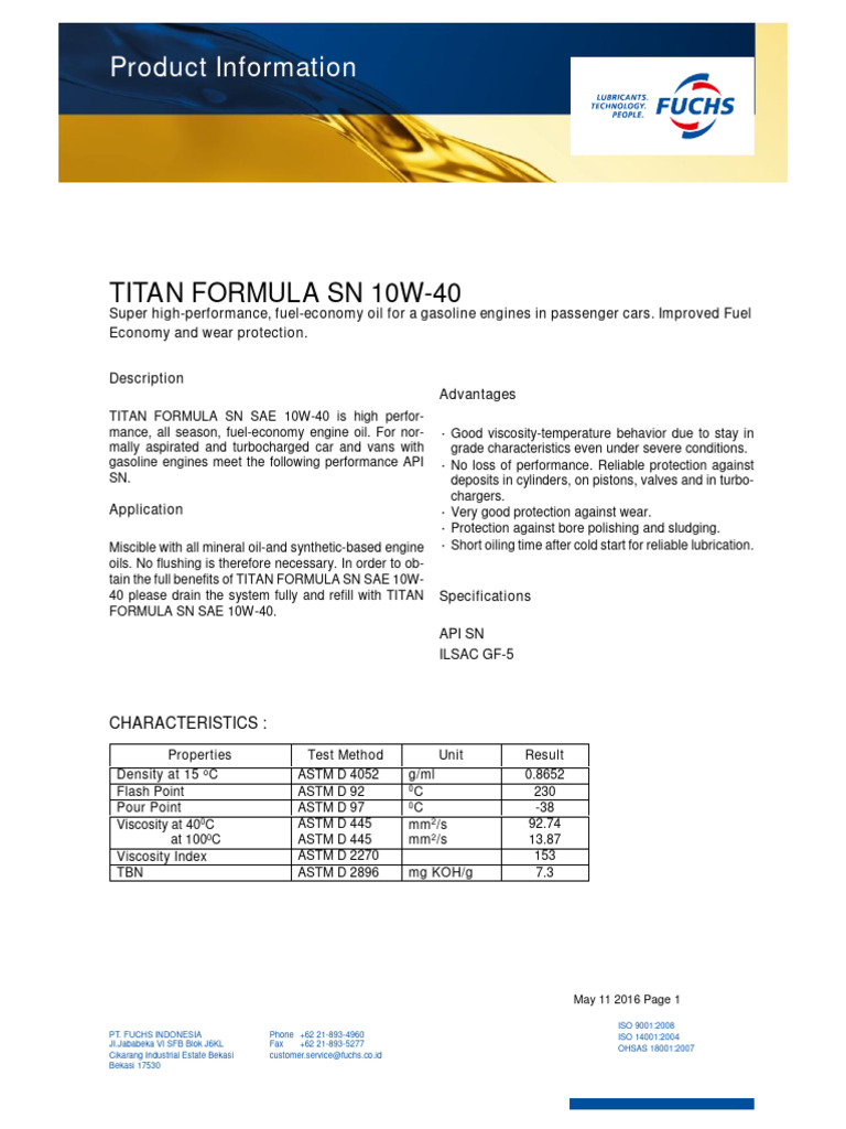 Fuchs Titan Formula SN 10W-40 Overview | PDF | Motor Oil | Engineering