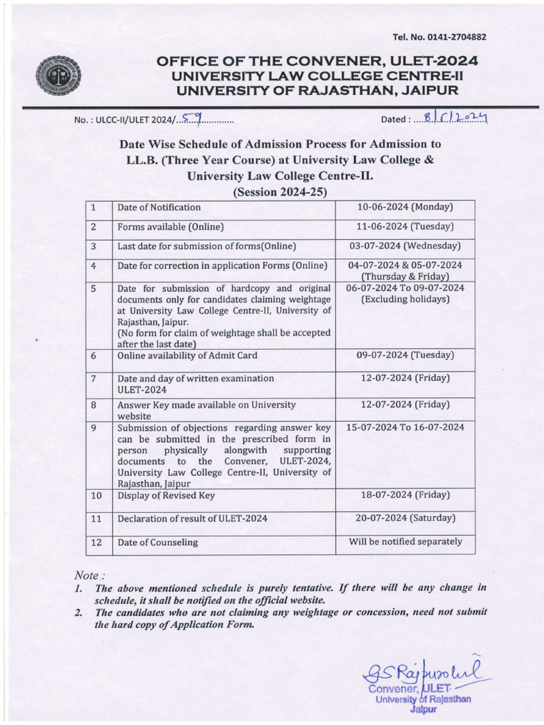 Date Wise Schedule For ULET-2024 | PDF