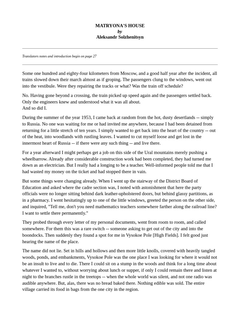 Matryonas House by Solzhenitsyn | PDF | Roof