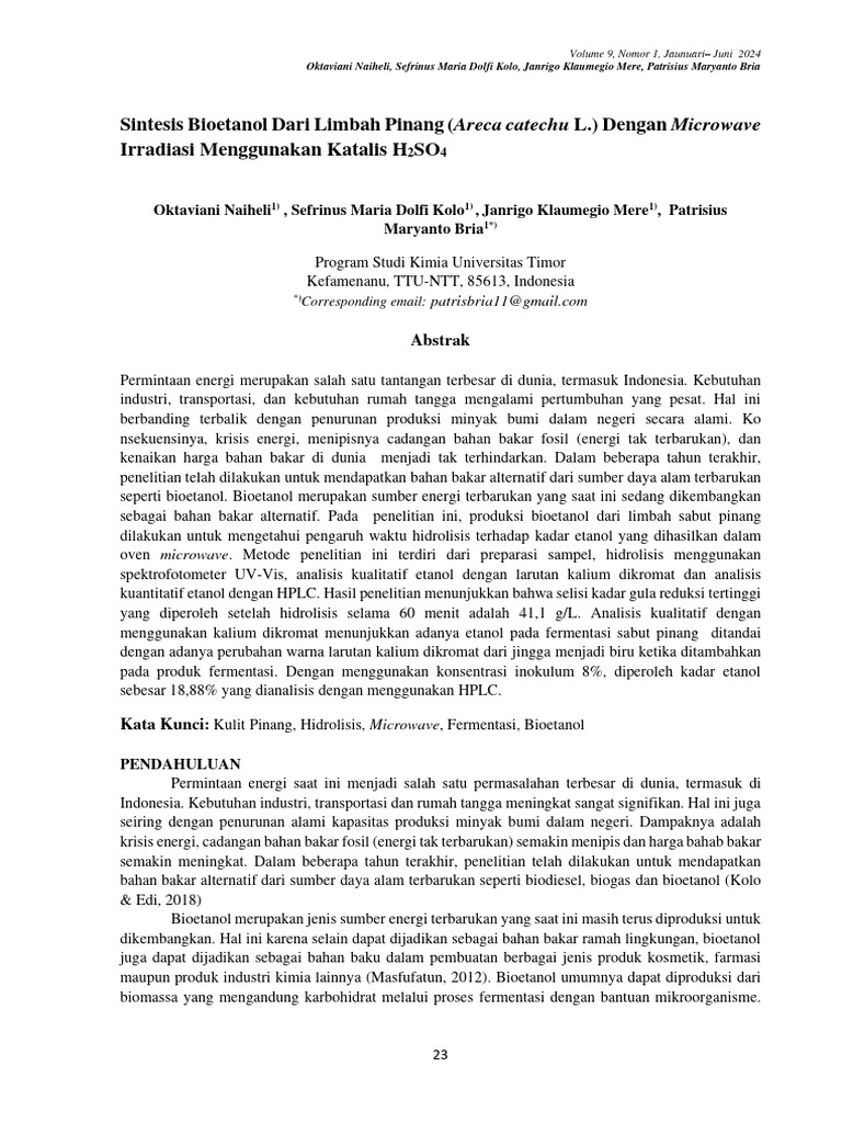 Sintesis Bioetanol Dari Limbah Kulit Pinang Areca Catechu L Mdengan ...