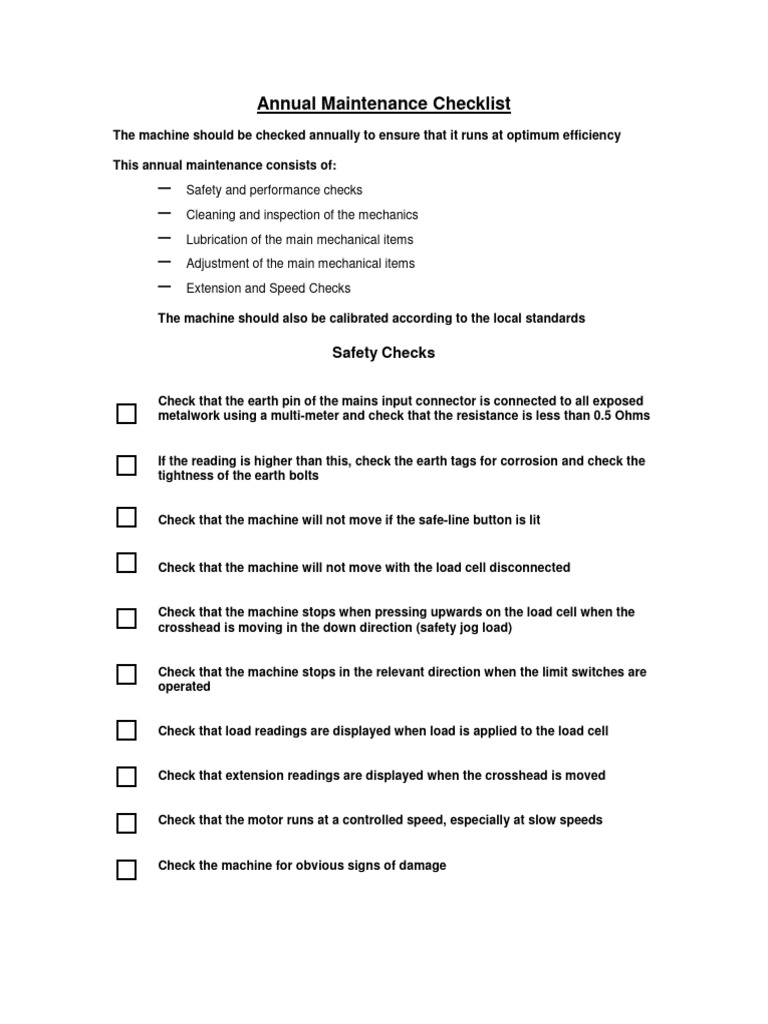 Annual Machine Maintenance Checklist | PDF | Belt (Mechanical) | Machines