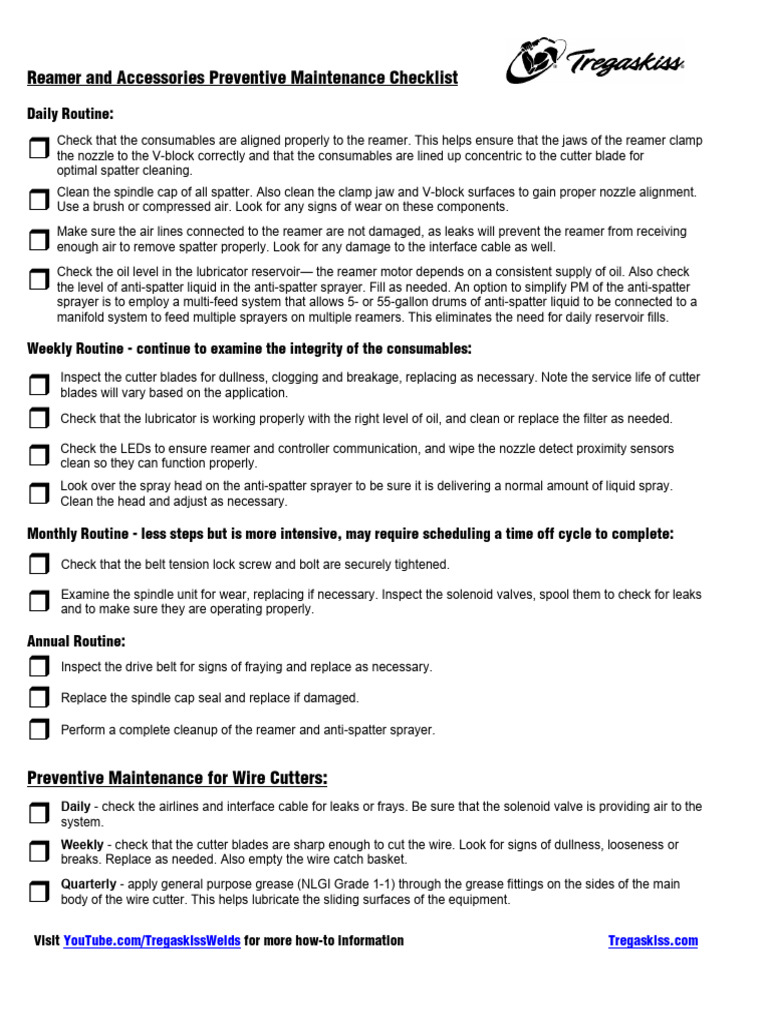 Accessories Preventive Maintenance Checklist Pdf Lubricant