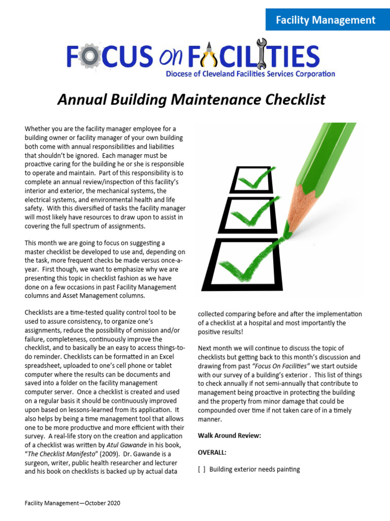 Building Facility Maintenance Checklist | PDF | Basement | Building ...