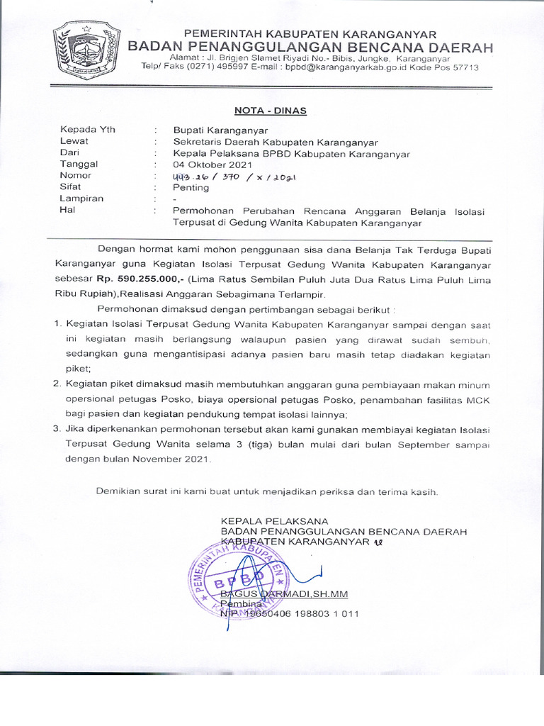 nota-dinas-permohonan-perubahan-anggaran-belanja | PDF