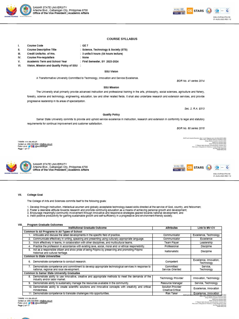 GE 7 STS Syllabus BSIT | PDF | Computing | Innovation