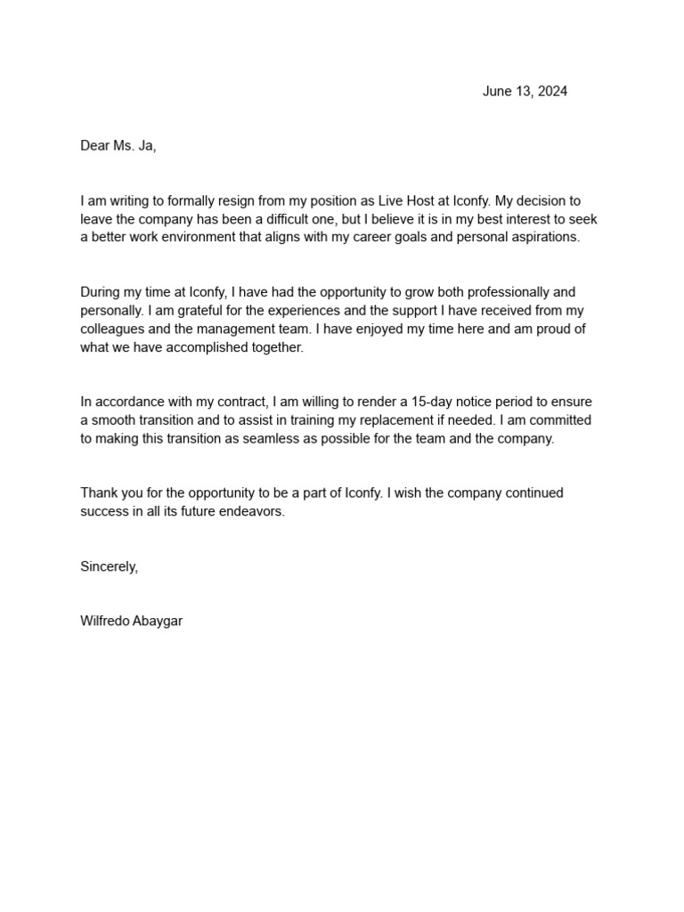 Wilfredo Abaygar - Resignation Letter | PDF