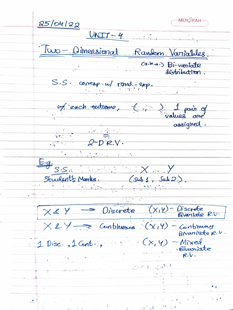 Lecture Notes - Unit 4 - Two Dimensional Random Variables - Statistical ...