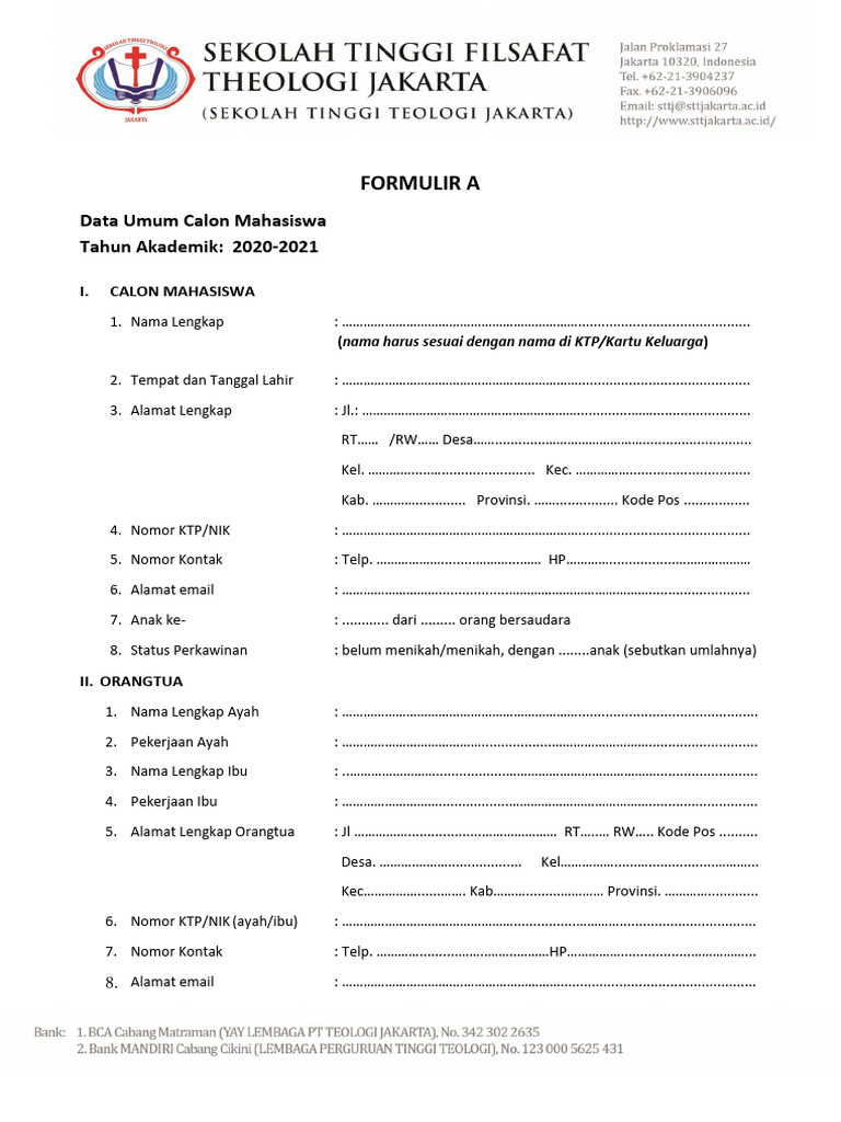 FORMULIR PMB Program Sarjana STFT Jakarta TA 2020 2021 | PDF
