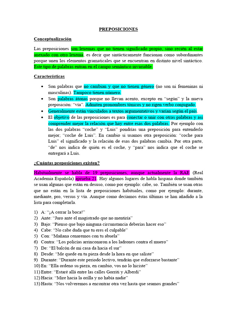 Preposiciones en español: características y lista | PDF | Preposición y ...