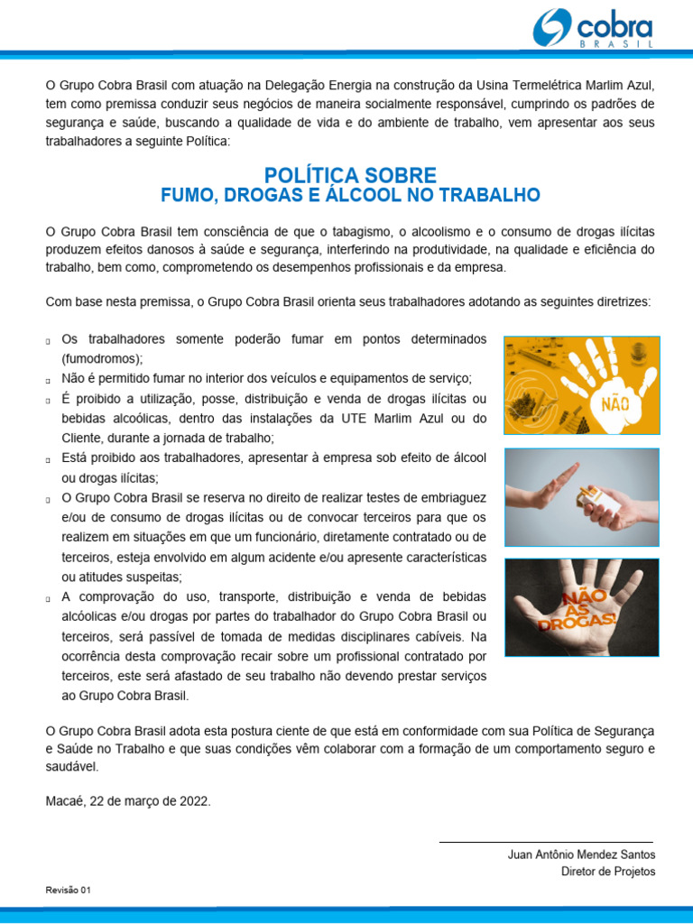 Política Sobre Fumo, Drogas e Álcool No Trabalho - Rev. 01 | Download ...