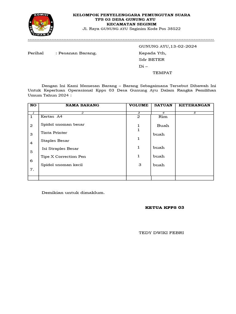 Nota Pembelian ATK TPS 03 2024 | PDF