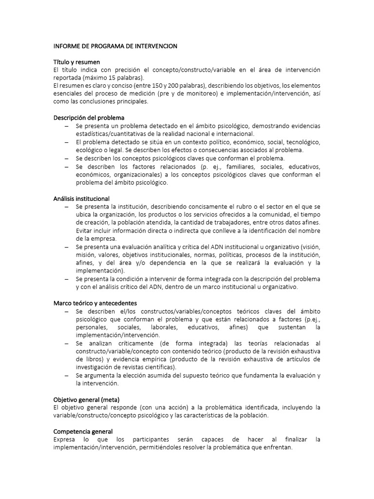Informe de Programa de Intervencion | PDF | Evaluación | Sicología