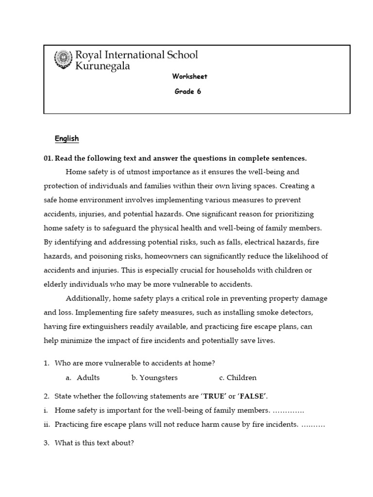 Grade 6 - Holiday Worksheet | PDF | Safety | Hazards