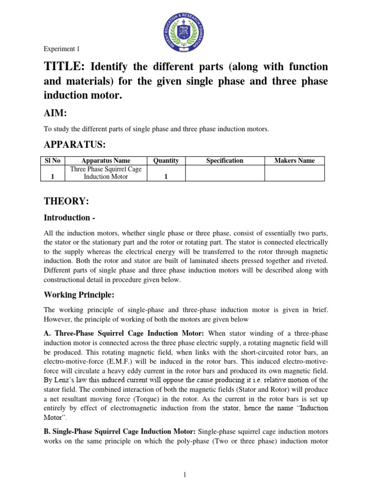 Experiment No. 1 | PDF | Electric Motor | Electromagnetic Induction