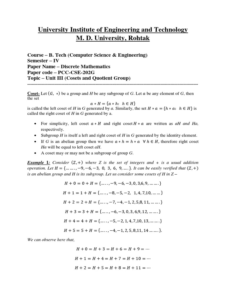 Cosets and Quotient Groups Explained | PDF | Group (Mathematics) | Index Of A Subgroup