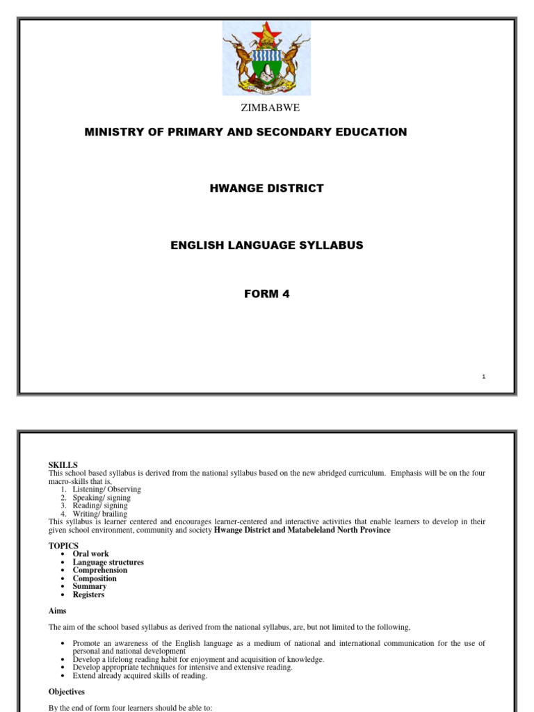 DISTRICT ENGLISH SYLLABUS Form 4 | PDF | Reading Comprehension | Speed ...