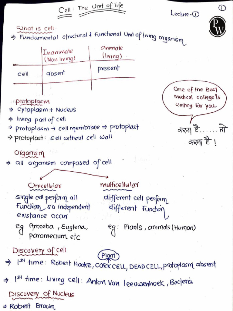 Cell - The Unit of Life 01 - Handwritten Notes - Arjuna NEET 2025 | PDF