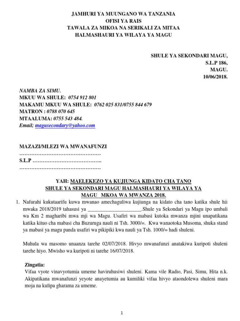 Magu Secondary School Joining Instruction | PDF