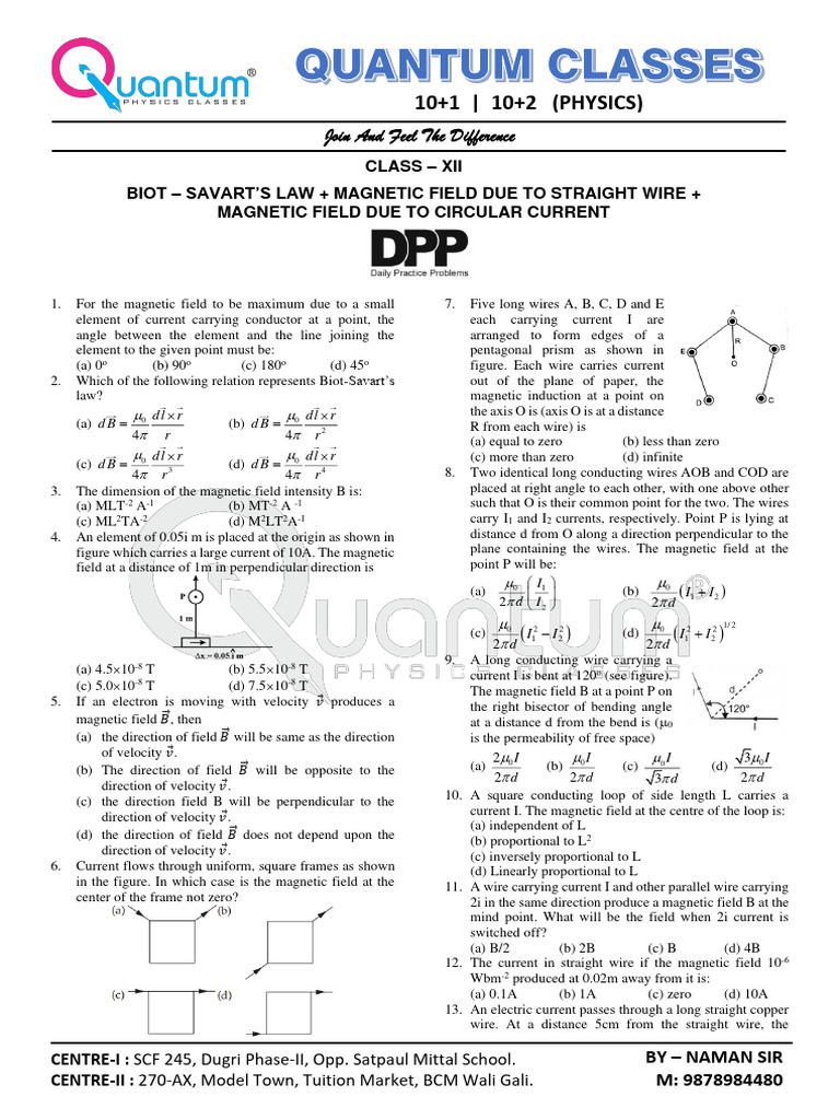 DPP - Biot - Savart's Law + Combine Magnetic Due To Straight + Magnetic Circular | PDF ...