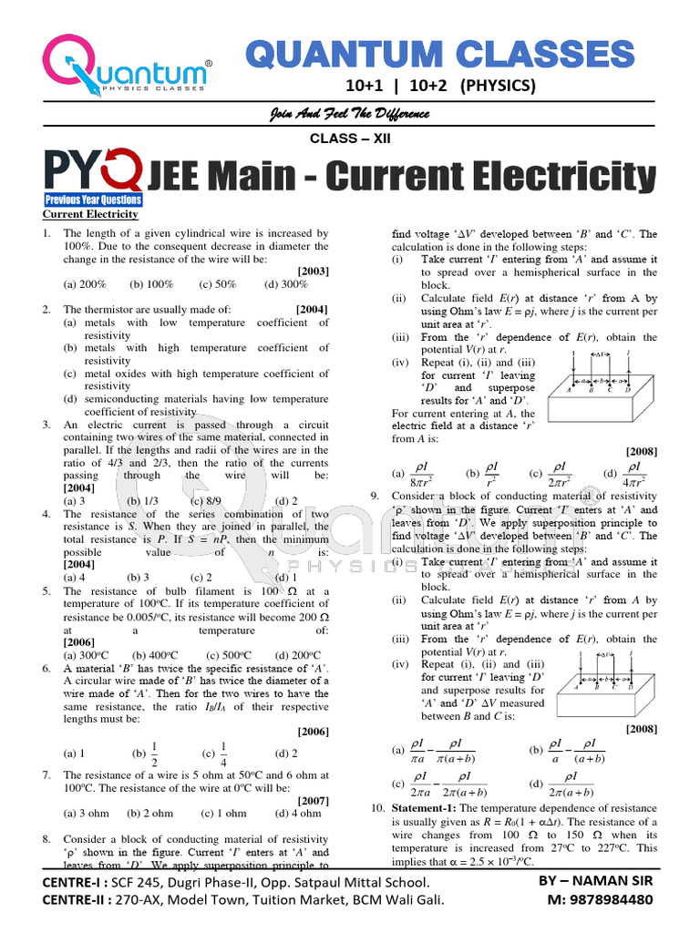 PYQ JEE-1 Current Electricity, Cirucit Analysis, Thermal Effects of Current & RC Circuits ...