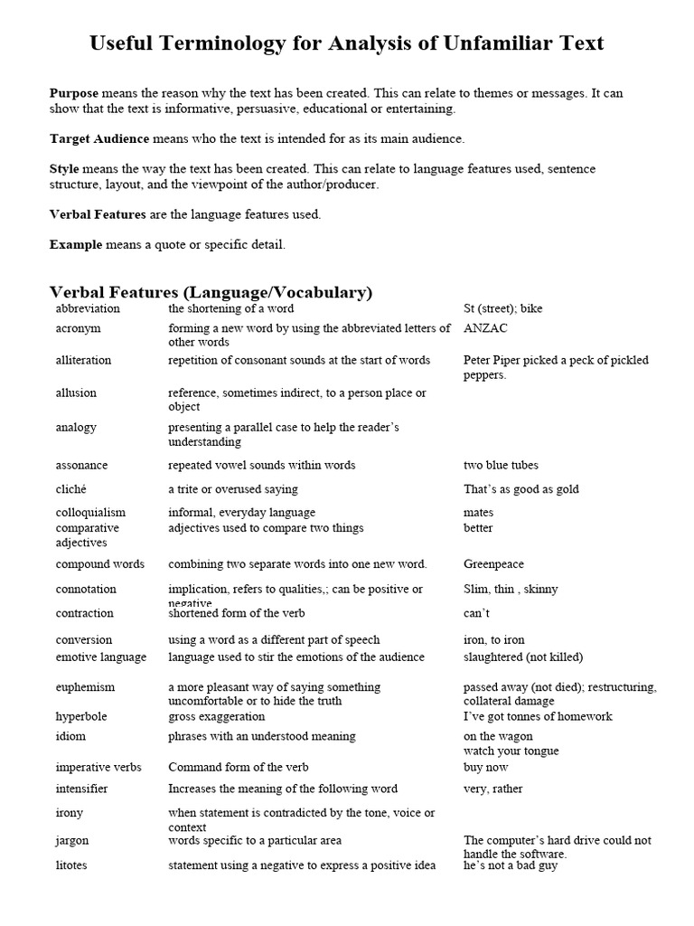 Useful Terminology For Analysis of Unfamiliar Text | PDF | Sentence ...